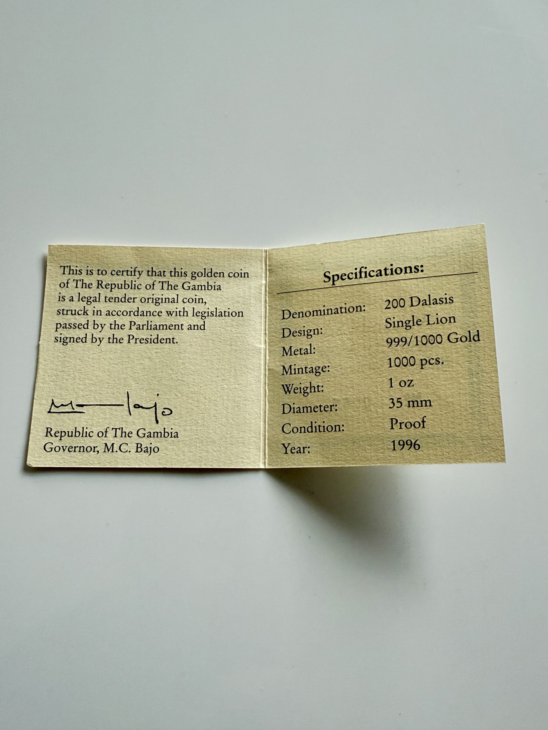 冈比亚 – 1996 – 200 Dalasis – 狮子 – 濒危野生动物